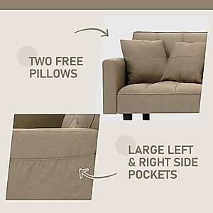 AVAWING Futon Sofa Bed, Modern Linen Fabric Convertible Upholstered Couch with Adjustable Back, Arms and High Strength Nylon Legs for Living Room, Apartment, Office (Khaki)