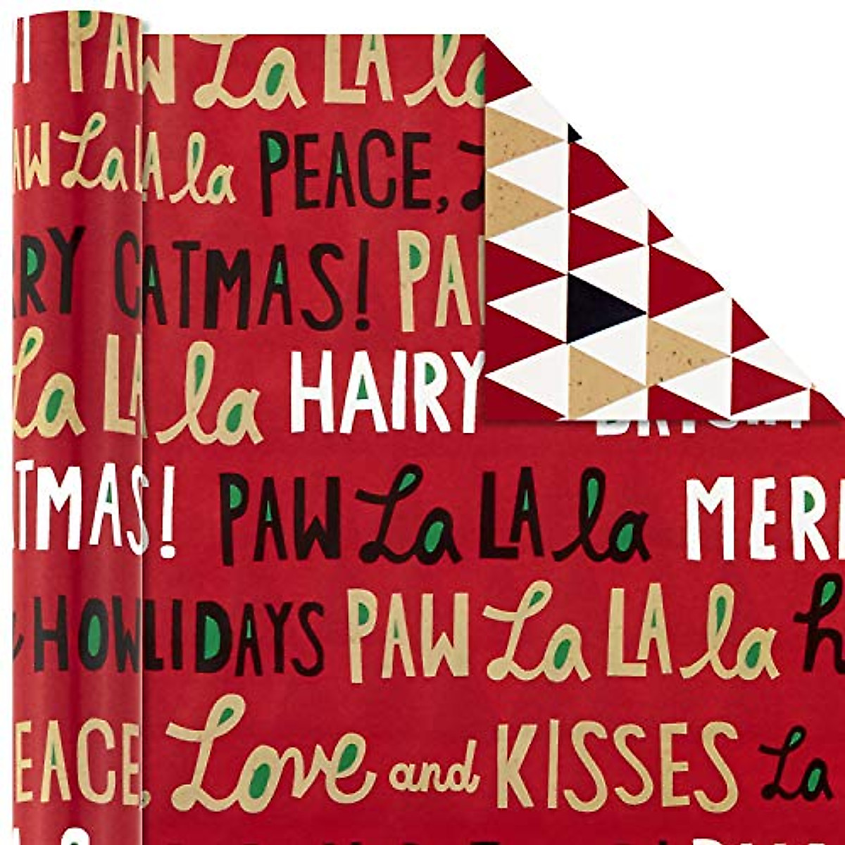 Hallmark Christmas Reversible Wrapping Paper Bundle, Pets and Patterns (Pack of 3, 120 sq. ft. ttl) Cats, Dogs, Stripes, Polka Dots, Paw La La La