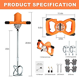 NorthSpoor Electric Handheld Cement Mixer, 2600W Electric Concrete Mixer with 6 Speed,110V Handheld Mud Mixer for Motar,Paint, Grout, Plaster, Thinset