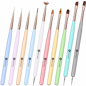 KINGMAS Nail Art Brushes, 10Pcs Nail Gel Polish Painting Brush Drawing Pen, Nail Liner Brush and Nail Dotting Pen Nail Dust Cleaning Brush