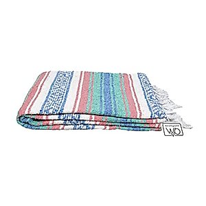 Open Road Goods Light Teal and Coral Mexican Blanket - Authentic Mexican Flasa - Great Yoga Blanket, Beach Blanket, Picnic Blanket, or Mexican Throw! Handwoven