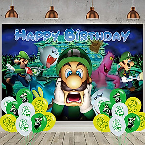 Luigi Mansion Backdrop for Birthday Party Supplies ,1 Happy Birthday Backdrop,18 Ballons for Luigi Mansion Baby Shower Party Decorations, 5 x 3FT Birthday Banner for Girls Boys Party Decorations