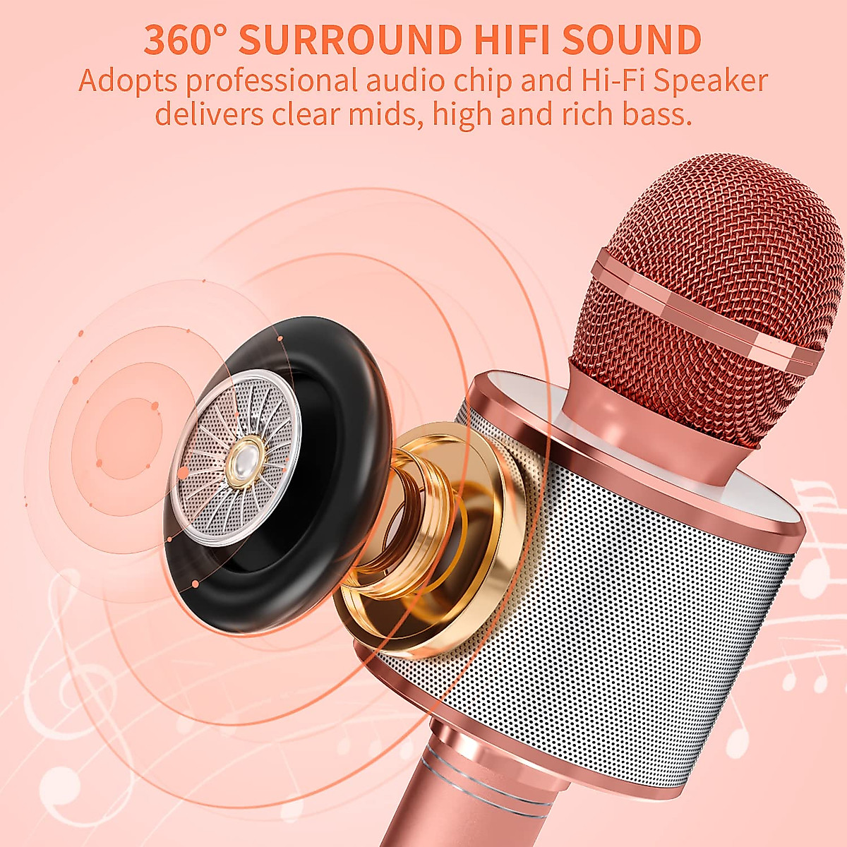 GIFTMIC Kids Microphone for Singing, Wireless Bluetooth Karaoke Microphone for Adults, Portable Handheld Karaoke Machine, Toys for Boys and Girls Gift for Birthday Party (Rose Gold)