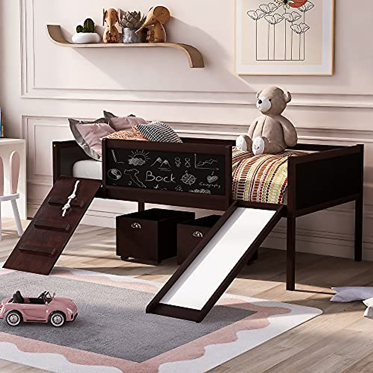 GINGVAT Twin Size Loft Bed with Two Storage Boxes, Wood Loft Bed with Climbing Frame, Slide and Guardrails，Multi-Functional，Espresso