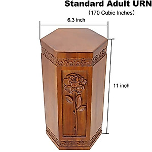 DABEETU Urns for Wooden, Cremation Urn for Human Ashes Adult - Hand Engraving Rose Flower - Funeral Urn for Mother/Dad - Display Burial at Home or in Niche at Columbarium (Large Wood Decorative Urn