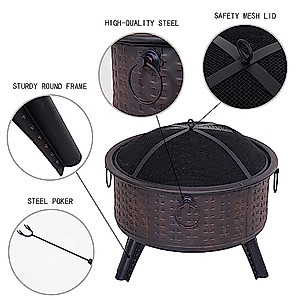 Wonder Comfort Fire Pit Set, Wood Burning FirePit with Screen, Cover and Log Poker for Outdoor and Patio, 26 inch Round Fire-Pit