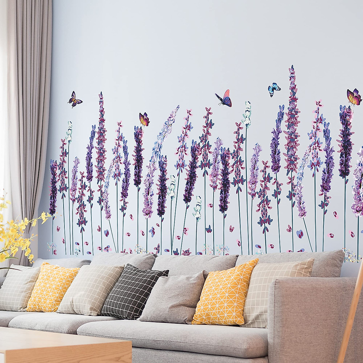 RW-1028 3D Flowers Wall Decals Purple Lavender Wall Stickers Flower Plant Butterfly Decoration DIY Removable Garden Lavender Floral Wall Art Decor for Kids Girls Bedroom Living Room Nursery Office