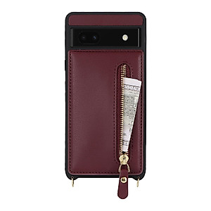 DEYHU for Google Pixel 6a Case with Card Holder for Women,for Pixel 6a Phone Case Wallet with Strap Credit Card Slots Crossbody with Kickstand Zipper Case - Red Wine