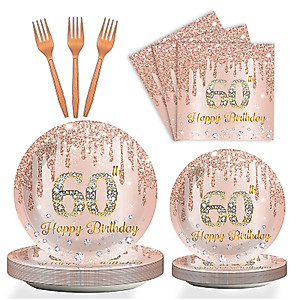 96 Pieces 60th Birthday Tableware Set for Pink Rose Gold 60th Birthday Table Decorations Supplies Pink Rose Gold Happy 60 Birthday Dessert Plates Napkins Forks for 24 Guests Women Birthday Supplies
