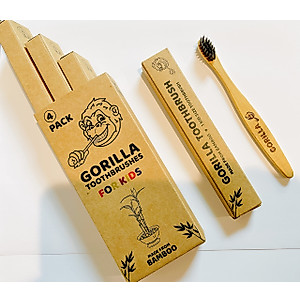 Kid's 4 Pack - Gorilla Bamboo Toothbrush Soft Natural Bristle for Sensitive Gums - Eco Friendly Recyclable Biodegradable Sustainable Products Helping to Save The Planet - One Toothbrush at a Time