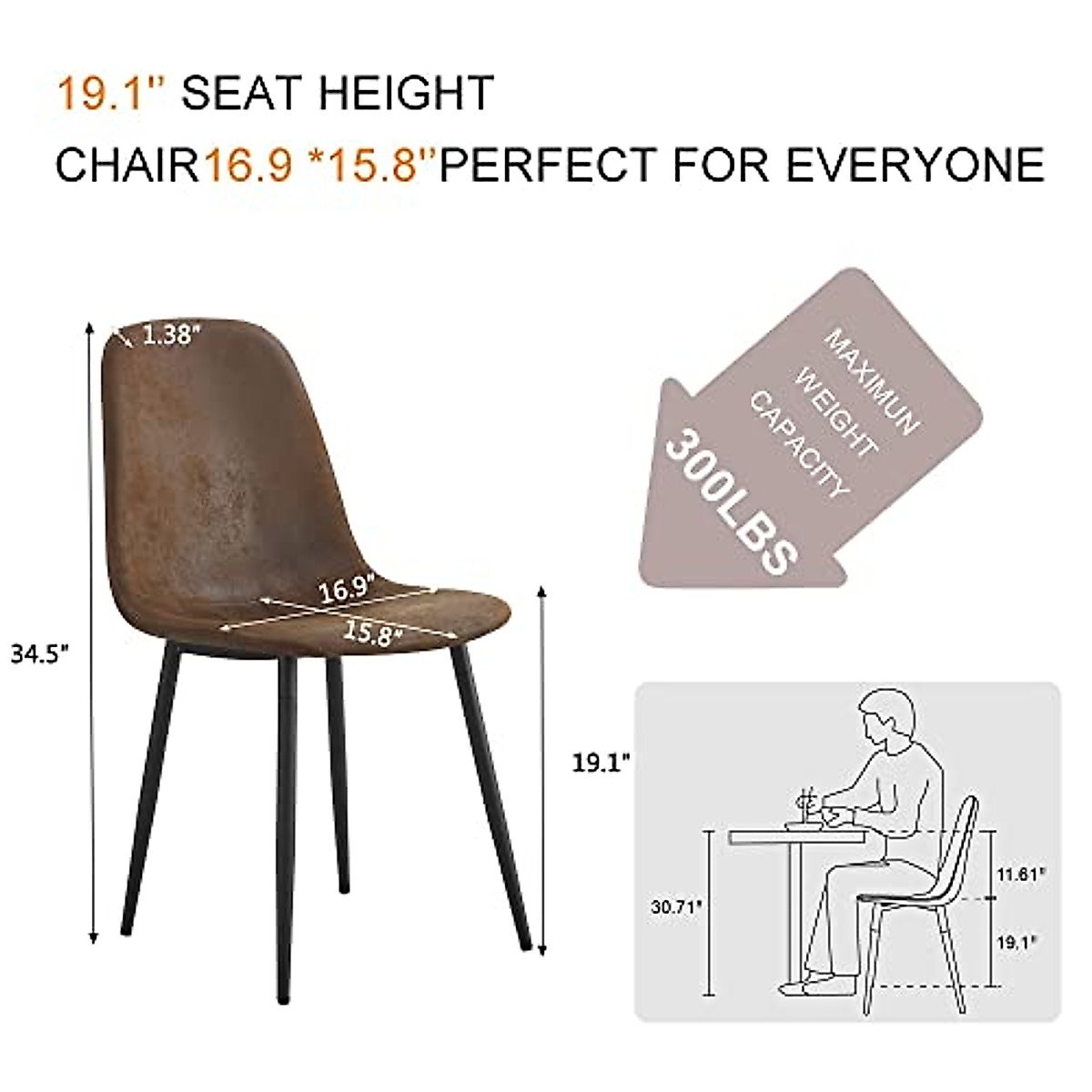 Dining Chairs Set of 4,Modern Mid Century Living Room Side Chairs with Metal Legs, Washable PU Leather, Armless Side Chairs for Kitchen Lounge Farmhouse, Rustic Brown, 4PCS