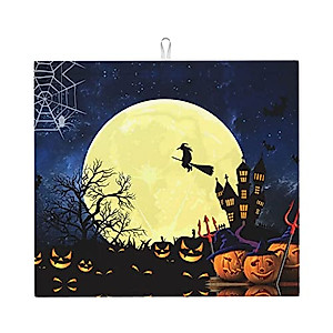 Halloween Moon Horrible Pumpkin Printed Drying Mat For Kitchen Ultra Absorbent Microfiber Dishes Drainer Mats Non-Slip Silicone Quick Dry Pad - 18 X 16inch