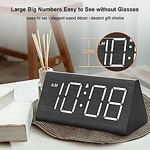 DreamSky Wooden Digital Alarm Clocks for Bedrooms - Electric Desk Clock with Large Numbers, USB Port, Battery Backup Alarm, Adjustable Volume, Dimmer, Snooze, DST, 12/24H, Wood Décor (Black)