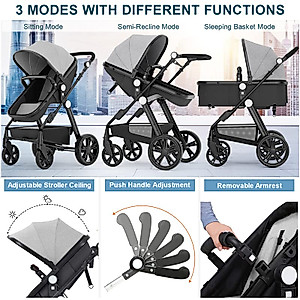 Newborn Infant Baby Bassinet Stroller - Sleeping & Sitting Mode 2 in 1 All Terrain High Landscape Shock Absorption Sunshade Comfortable Baby Toddler Strollers for 0-36 Months Old Babies Gray