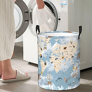 Pevtufa Animals Travel World Map Foldable Laundry Basket Organizer,Fabric Clothes Toy Storage Basket Nursery Hamper Storage Bin For Household Bedroom, Bathroom, College Dorm-Small