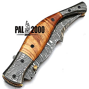 PAL 2000 HUNTING KNIVES FOL-8459 Handmade Damascus Steel Pocket Knife Olive Wood Handle With Sheath