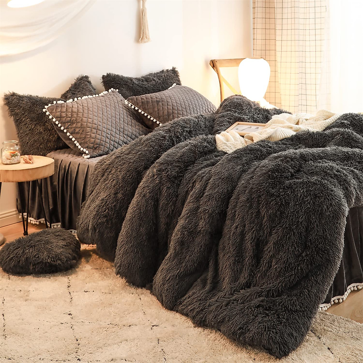 HAIHUA Luxury Plush Shaggy Duvet Cover Flannel Velvet Bedding (1 Faux Fur Duvet Cover +2 Faux Fur Pillowcases)Fluffy Comforter Bed Sets 3 Pieces ,Zipper Closure (Dark Gray, Queen)