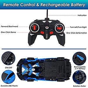 Kizeefun Remote Control Car, Rechargeable Transformable Remote Control Car for Boys and Girls with Flashing Lights and 360°Rotation, 1:18 RC Stunt Car for Kids Included 2 Rechargeable Batteries