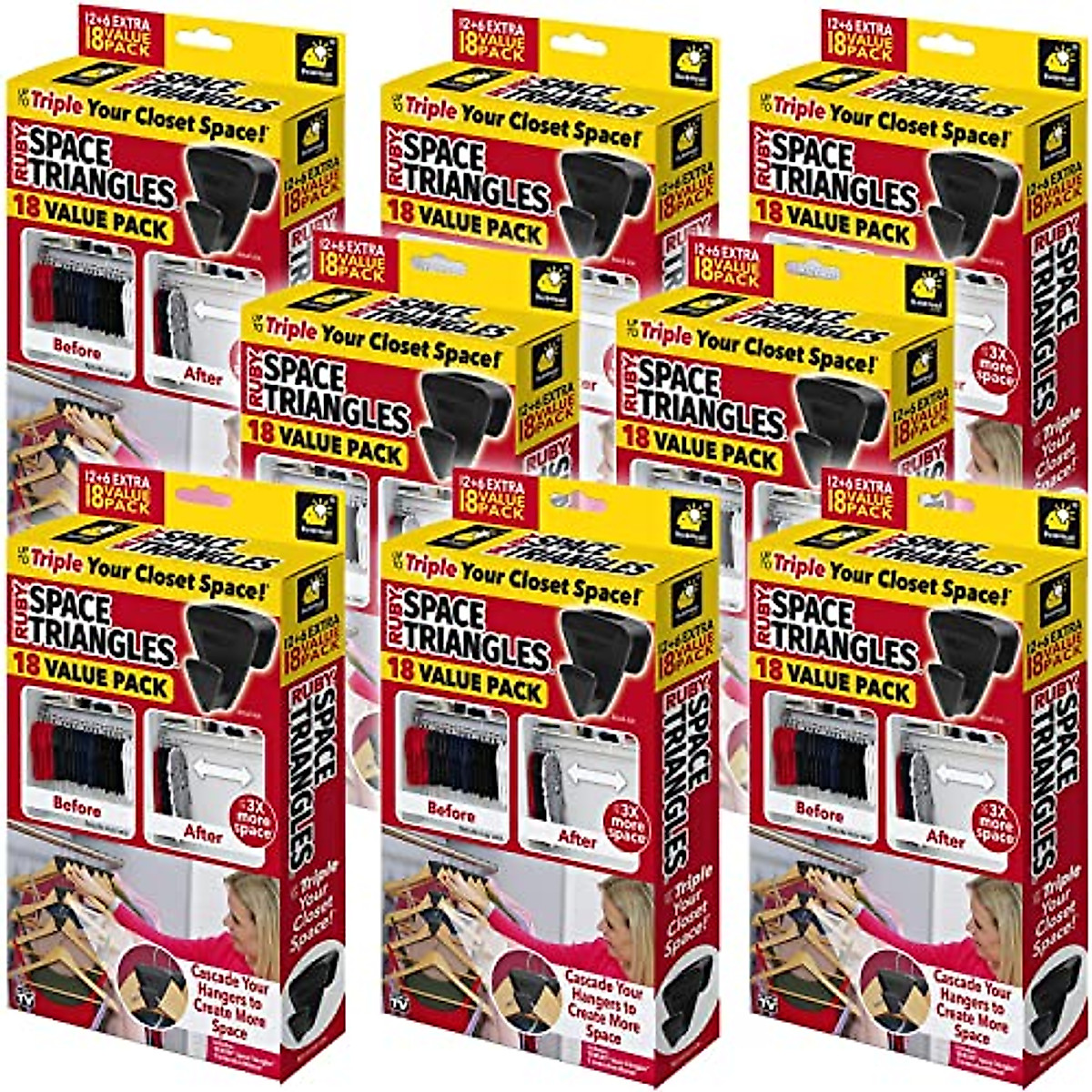 Ruby Space Triangles Original AS-SEEN-ON-TV, 8 Pack, Ultra- Premium Hanger Hooks Triple Closet Space 144 PC Value Pack, Black