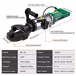 Anbull 1200W Electric Rebar Bender,Hydraulic Rebar Bending Machine Bending up to 7/8 Inch #7 22mm Rebar, Rebar Bending Angle 90 Degrees or Greater
