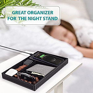 Valet Tray, Built in Wireless Charging Pad, Nightstand Organizer, Dresser Organizer, Mens Jewelry Box, Valet Charging Station, Faux Leather Valet Tray for Men and Women, (Black)