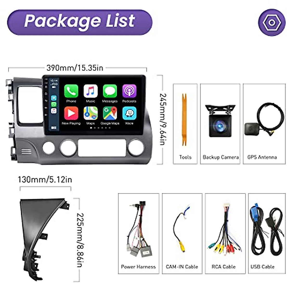 Fortdows Car Stereo Radio for Honda Civic 2006-2011, for Wireless Carplay/Android Auto 10" IPS Touch Screen Car Stereo Radio with Bluetooth Wi-Fi GPS Backup Camera, 4G RAM 64G ROM