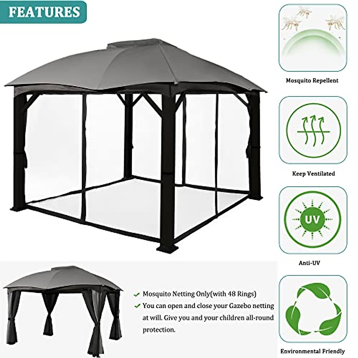 Durcover 10x12ft Universal Replacement Mosquito Netting, Gazebo Netting with Zippers for Outdoor Garden Patio Gazebo 4-Panel Screen Sidewalls, Black (Mosquito Net Only)