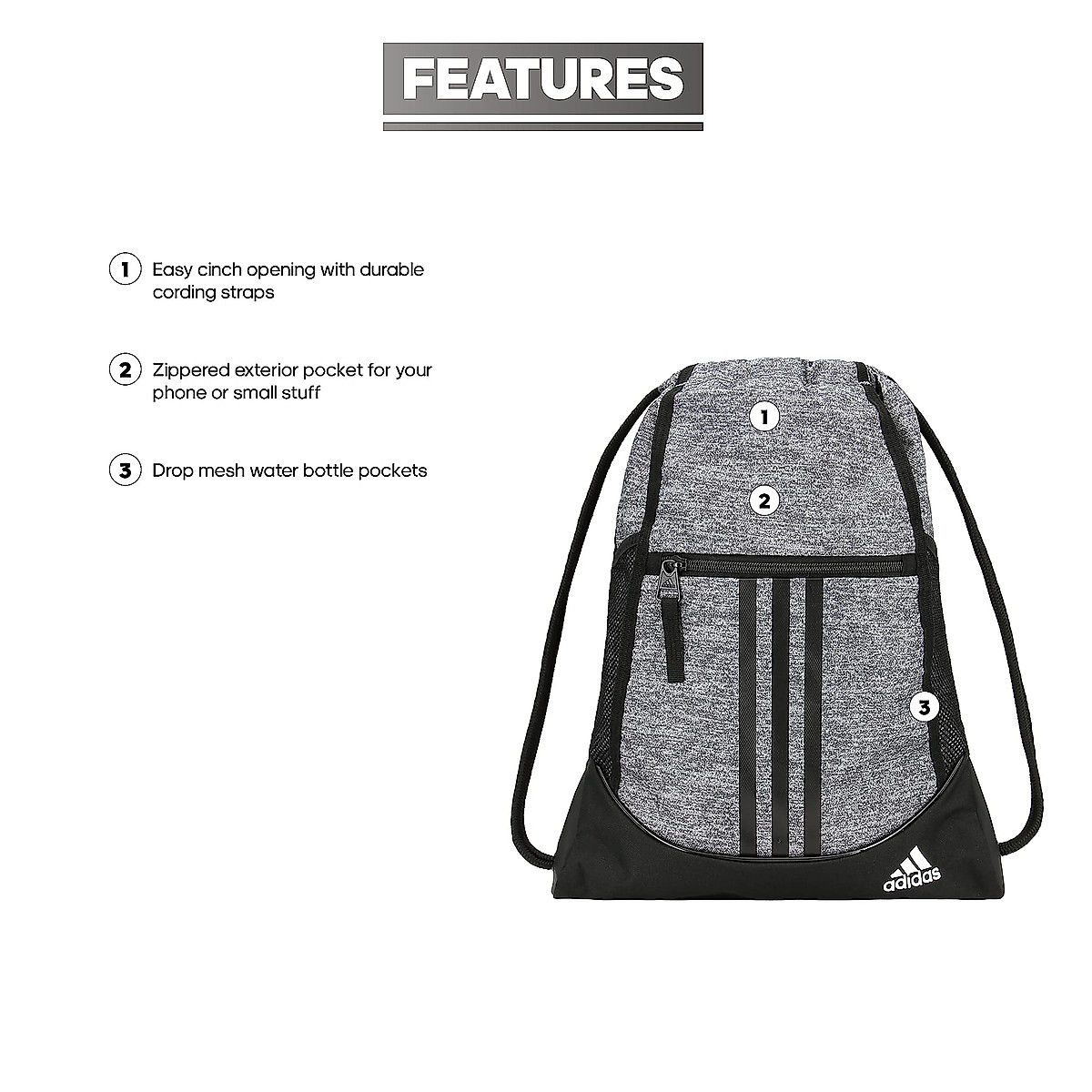 adidas Unisex Alliance Sackpack (12L) Lightweight Athletic Small Drawstring Team Sports Workout Bag, Jersey Onix Grey/Black/White, One Size