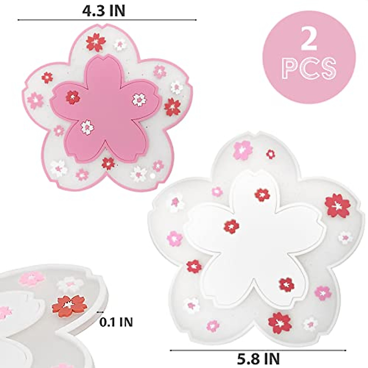 2Pcs Cherry Blossom Coasters for Coffee Table - Heat Resistant Cherry Blossom Decor Non Slip Mat Clear Coasters Table Cup Mat Coffee Mat Gift - Cute Coasters for Drinks Set of 2 for Home, Office, Bar