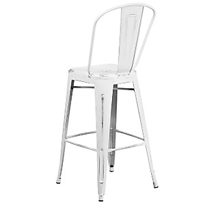 EMMA + OLIVER Commercial Grade 30" H Distressed White Metal Indoor-Outdoor Barstool w/Back