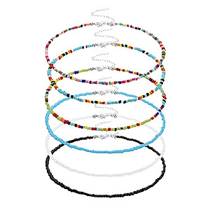 Yolev 6 Pieces Colorful Tiny Seed Beaded Necklace Boho Beads Choker Seed Beaded Choker Necklace Beach Necklace Chain Jewelry for Women