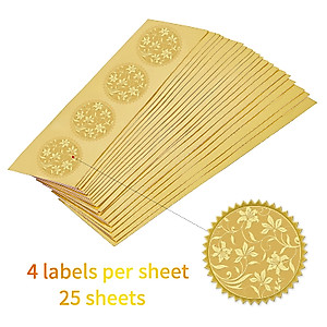 CRASPIRE Gold Foil Certificate Seals Flower Pattern 2" Round Self Adhesive Embossed Stickers 100pcs for Invitations Certification Graduation Notary Seals Corporate Seals Monogram Emboss
