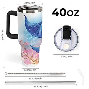 WYUSPGK 40oz Stainless Steel Car Mug, Sea Animals Stingrays Print Travel Mug, Double-Wall Insulated with Straw, Perfect for Car, Office, Outdoor