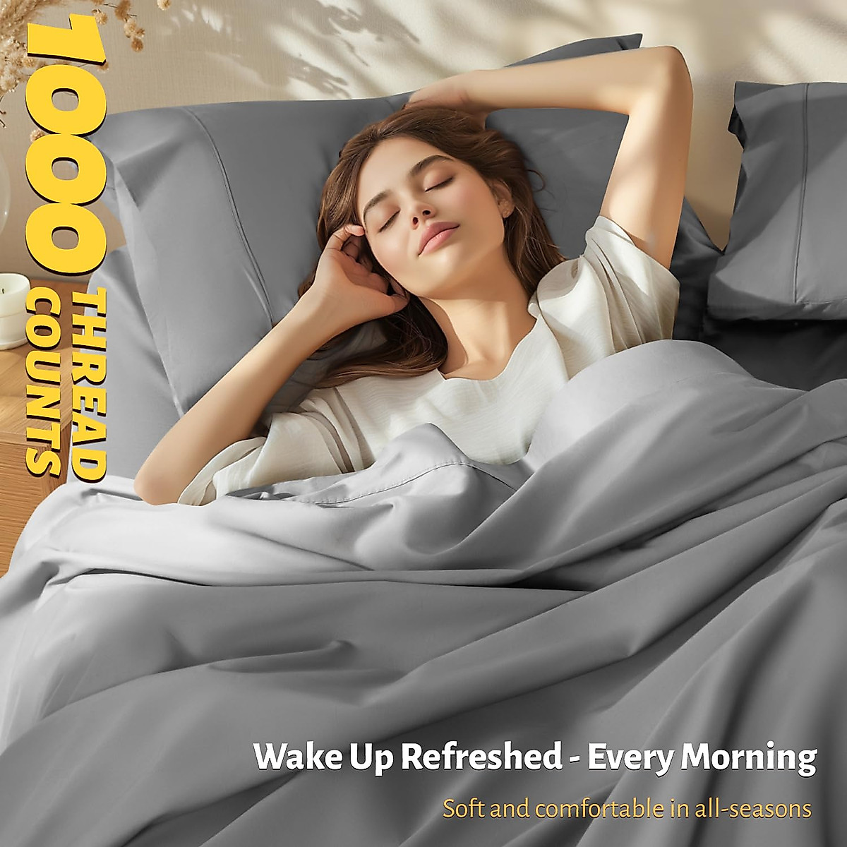 Shilucheng 100% Egyptian Cotton King Size Sheets Set - 1000 Thread Count，Luxury Cotton Bed Sheets，Breathable & Cooling Bedding and Pillow Cases, 16 Inch Deep Pocket - 4 Piece (King, Grey)