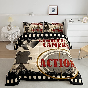 Homewish Vintage Movie Theater Comforter Set Queen Size,Movie Theater Cinema Bedding Set for Kids Boys Girls Bedroom Decoration,Rustic Wooden Bed Duvet Insert,Filmstrip Comforter with 2 Pillowcase