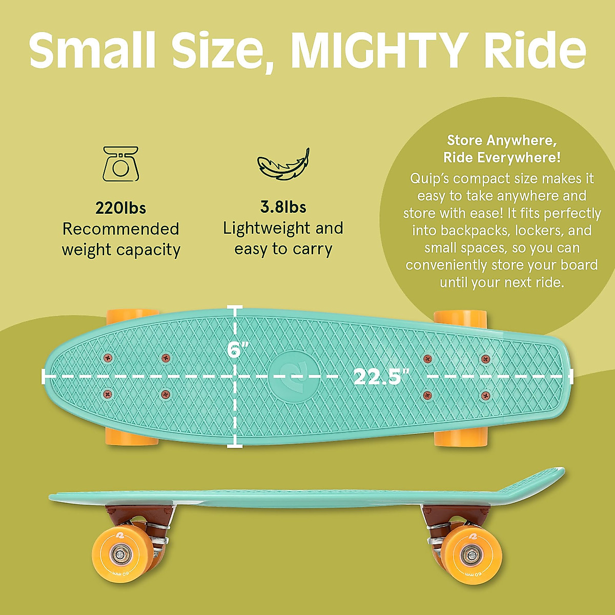 Retrospec Quip Mini Cruiser Skateboard 22.5" and 27" Classic Retro Plastic Cruiser Complete Skateboard with ABEC 7 Bearings and PU Wheels Compact Board with Grippy, Molded Waffle Deck