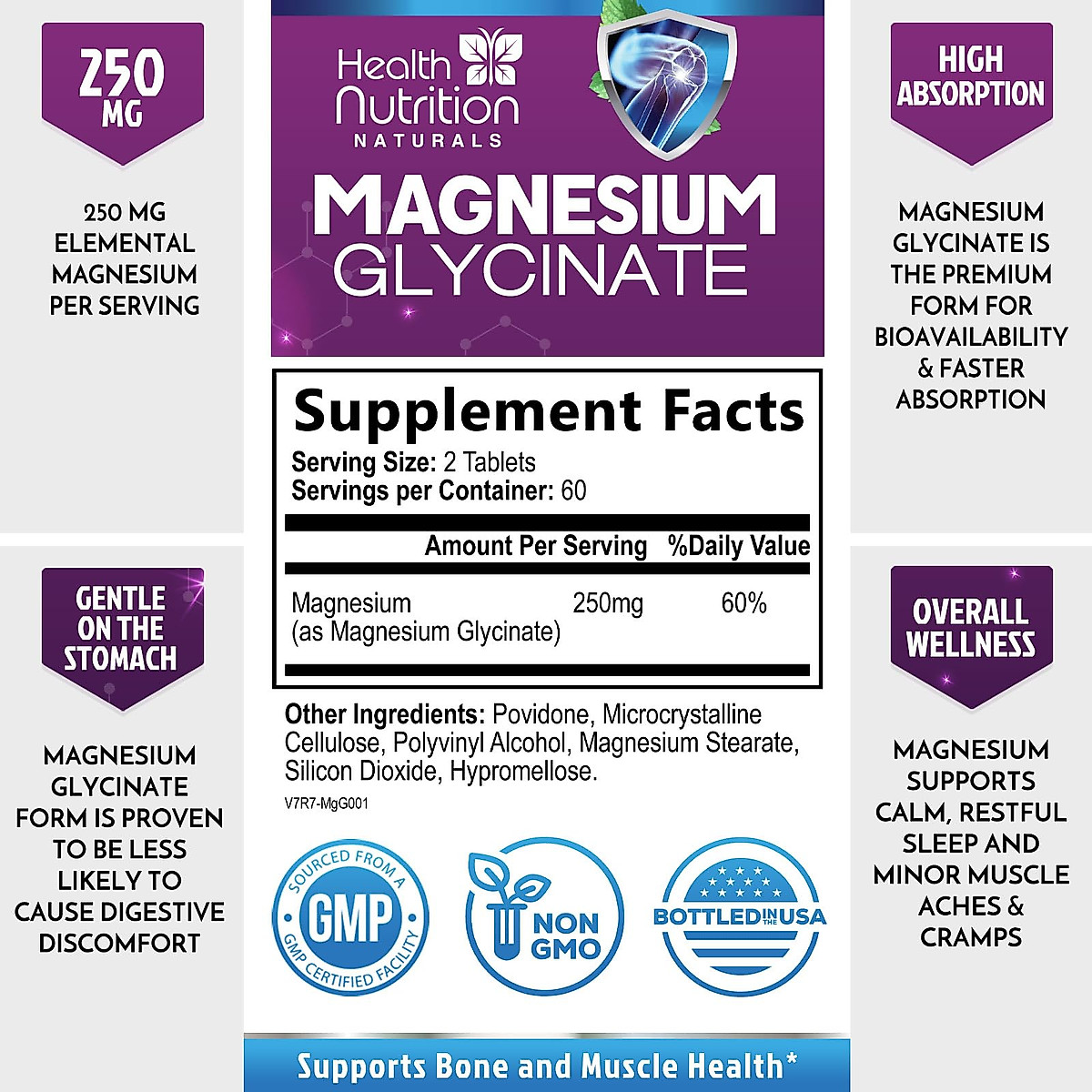 Magnesium Glycinate 250 mg - Natural, High Absorption Magnesium Tablets Chelated for Muscle, Nerve, Bone & Heart Health Support - Gentle Form, Non-GMO, Gluten Free, Vegan Supplement - 120 Tablets