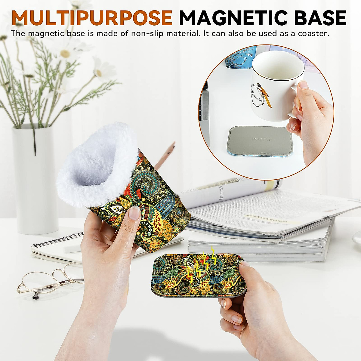 molshine Plush Lined Eyeglasses Stand Holder,Leather Glasses Upright Case with Magnetic Base for Office Desk,Bedside,Parlor-(Paisley)