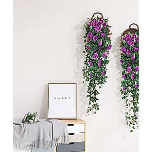 Haoyuetch 2PCS Artificial Rose Vine Flowers with Green Leaves,3Ft Hanging Rose Ivy Plants for Home Wedding Party Garden Wall Decoration (Purple)
