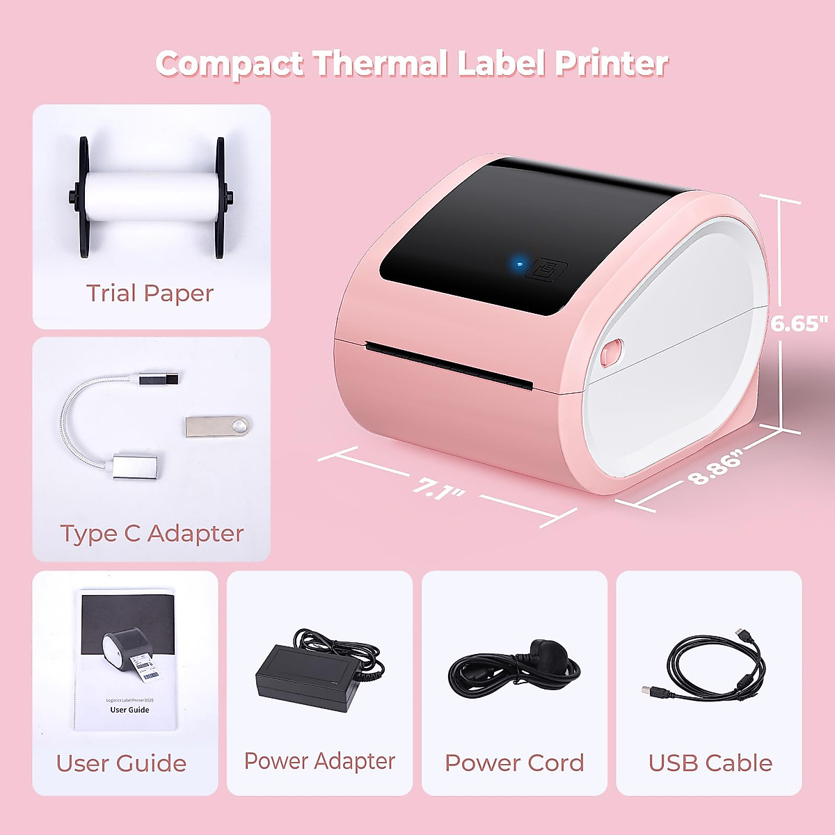 Bluetooth Thermal Shipping Label Printer 4X6 - Wireless Pink Thermal Label Printer for Shipping Packages & Small Business - Thermal Shipping Label Printer, Compatible with Phone, USPS, Shopify, Ebay