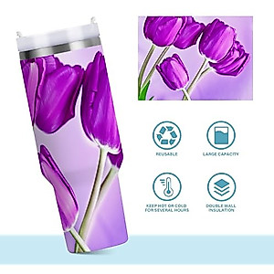 Vacuum Insulated Tumbler 40 Oz with Straw and Handle, Purple Tulips Light Purple Travel Coffee Tumbler