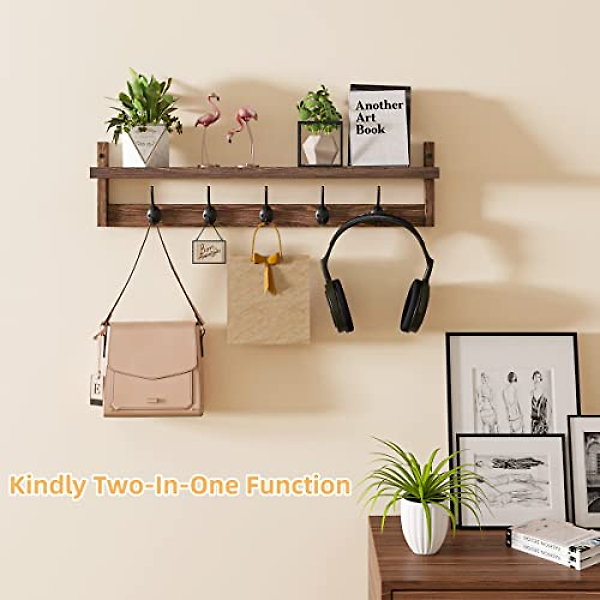 AMBIRD Wall Hooks with Shelf 28.9 Inch Length Entryway Wall Hanging Shelf Wood Coat Hooks for Wall with Shelf Wall-Mounted Coat Hook Rack with 5 Dual Hooks for Bathroom, Living Room, Bedroom (Brown)