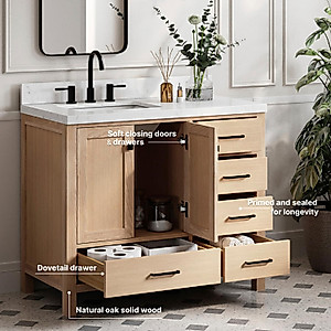 ARIEL Cambridge 42 Inch Oak Bathroom Vanity with Sink, Carrara White Quartz Countertop 1.5 inch Edge and backsplash, Soft Closing Door and Drawer, Matte Black