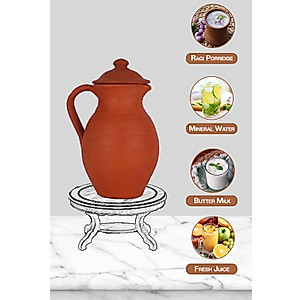Village Decor Handmade Earthen Clay Water Jug with Lid | Carafes Pitcher | Capacity 51 oz 1500 ml