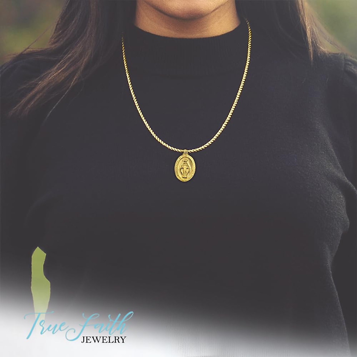 TrueFaithJewelry 14KT Gold-Plated Sterling Silver Our Lady Of Grace Miraculous Medal Necklace Pendant Religious Jewelry, 1 1/8 Inch