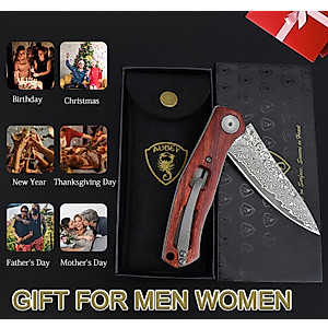 AUBEY Damascus Folding Pocket Knife Handmade with Clip for Men, Damascus Hunting Knife EDC Knife with Liner Lock for Outdoor Survival Camping Collection, Wooden Handle