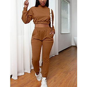 Mizoci Women's 2 Piece Outfits Lounge Jogger sets Long Sleeve Crop Top Pant Sweat Suit Tracksuit,Medium,Coffee