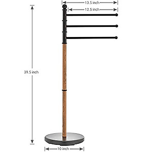 MyGift 40 Inch Black Steel Freestanding Bathroom Towel Rack with 3 Swivel Arms and Oak Wood-Tone Finish, Indoor and Outdoor Pool Spa Towel Holder