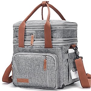 MOV COMPRA Adult Lunch Box for Work, Expandable Large Lunch Bags for Women Men, Leakproof Double Deck Lunch Box Cooler Tote Bag with Removable Shoulder Strap (Grey)