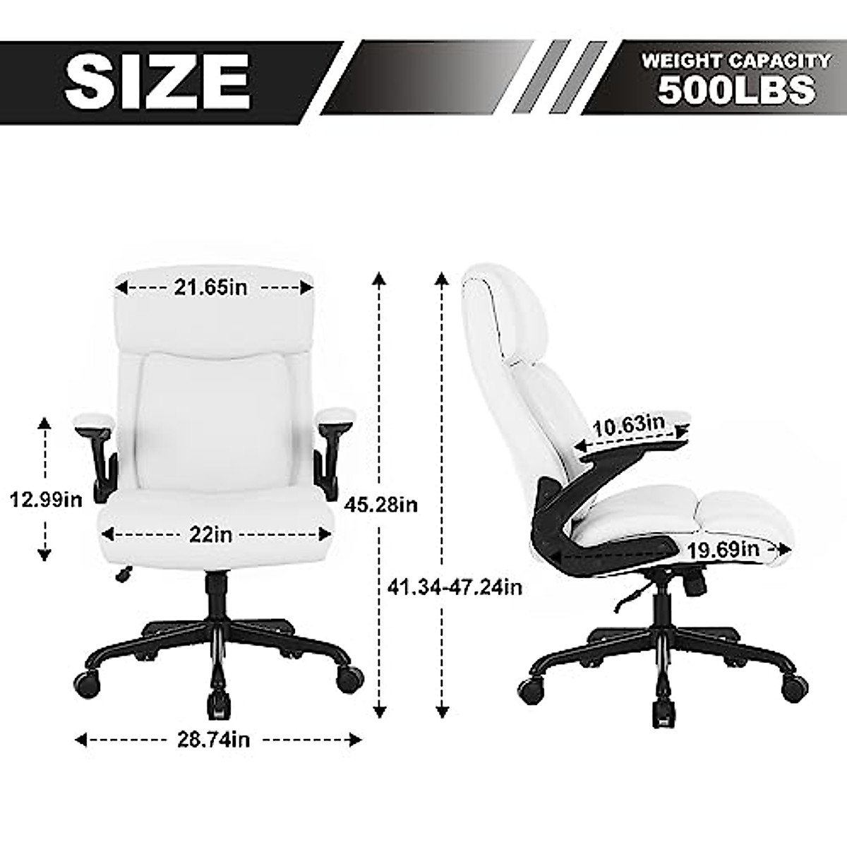 Executive Office Chair, Big and Tall Office Chair 500lbs for Heavy People Ergonomic High Back Leather Executive Office Chair with Flip-up Armrests and Adjustable Height Office Chair （White）